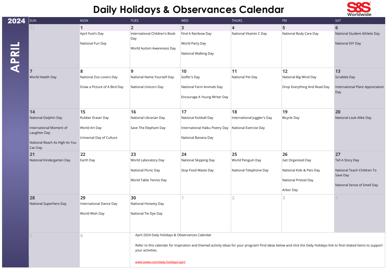 S&S Daily Holidays Calendar