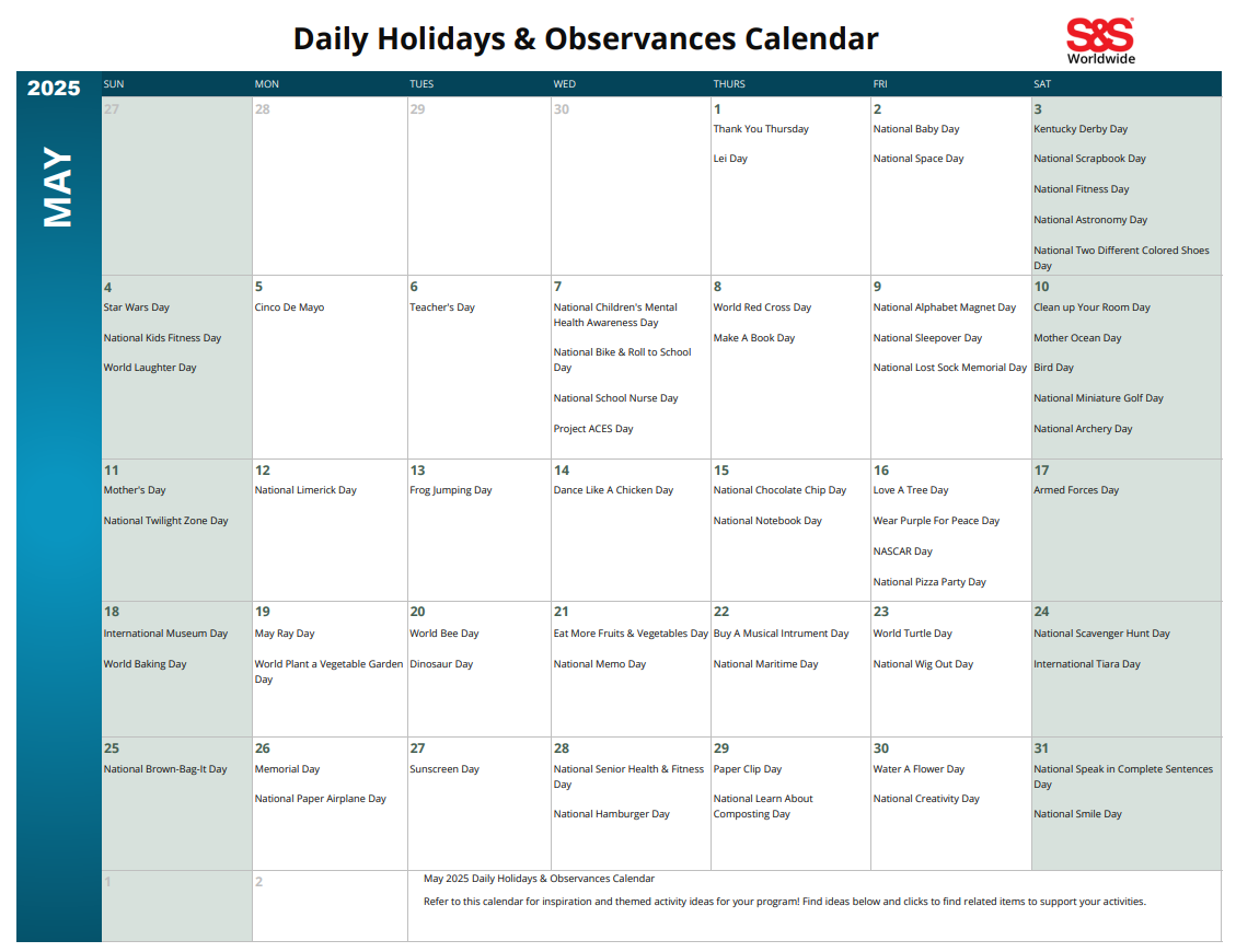 S&S Daily Holidays Calendar