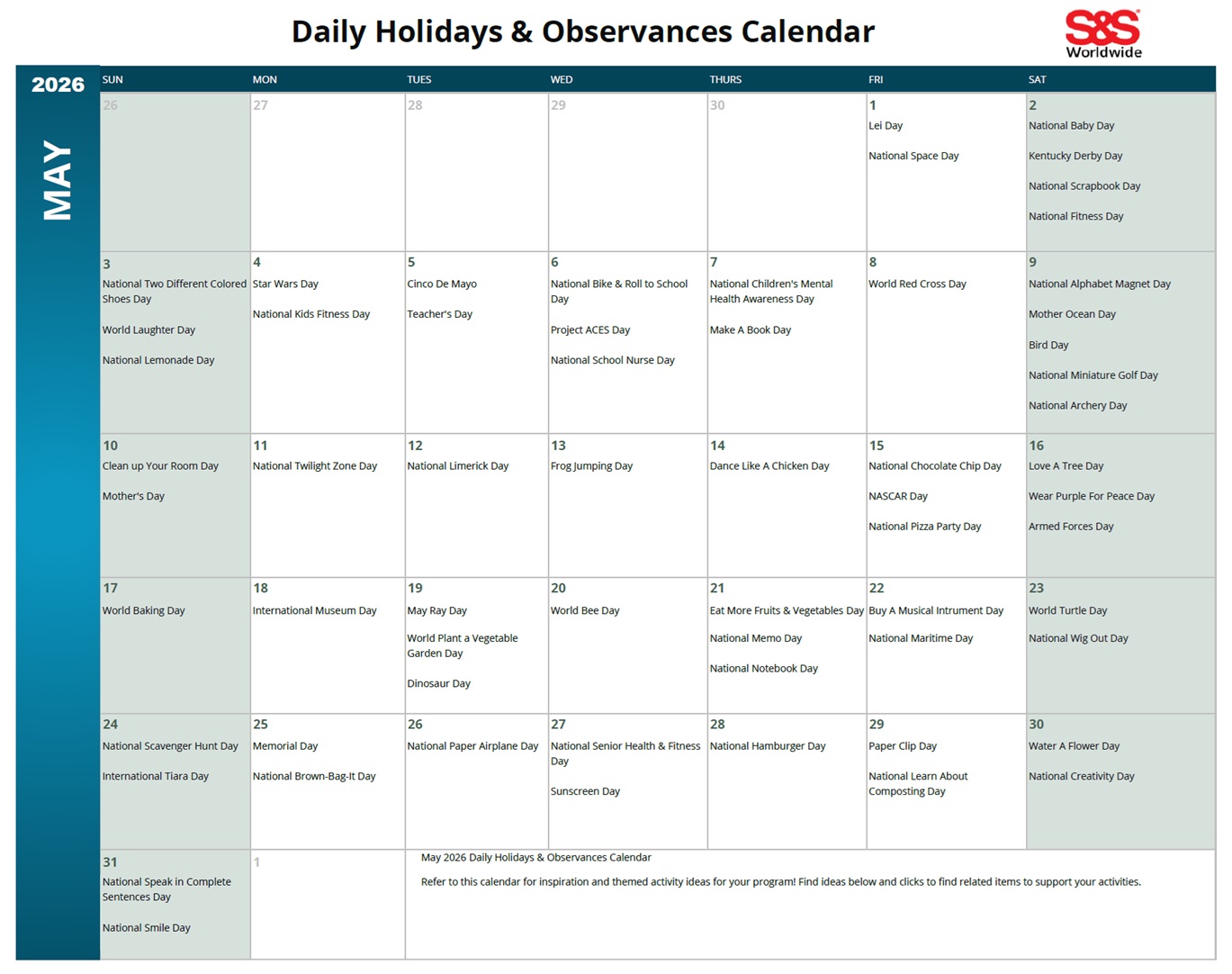S&S Daily Holidays Calendar